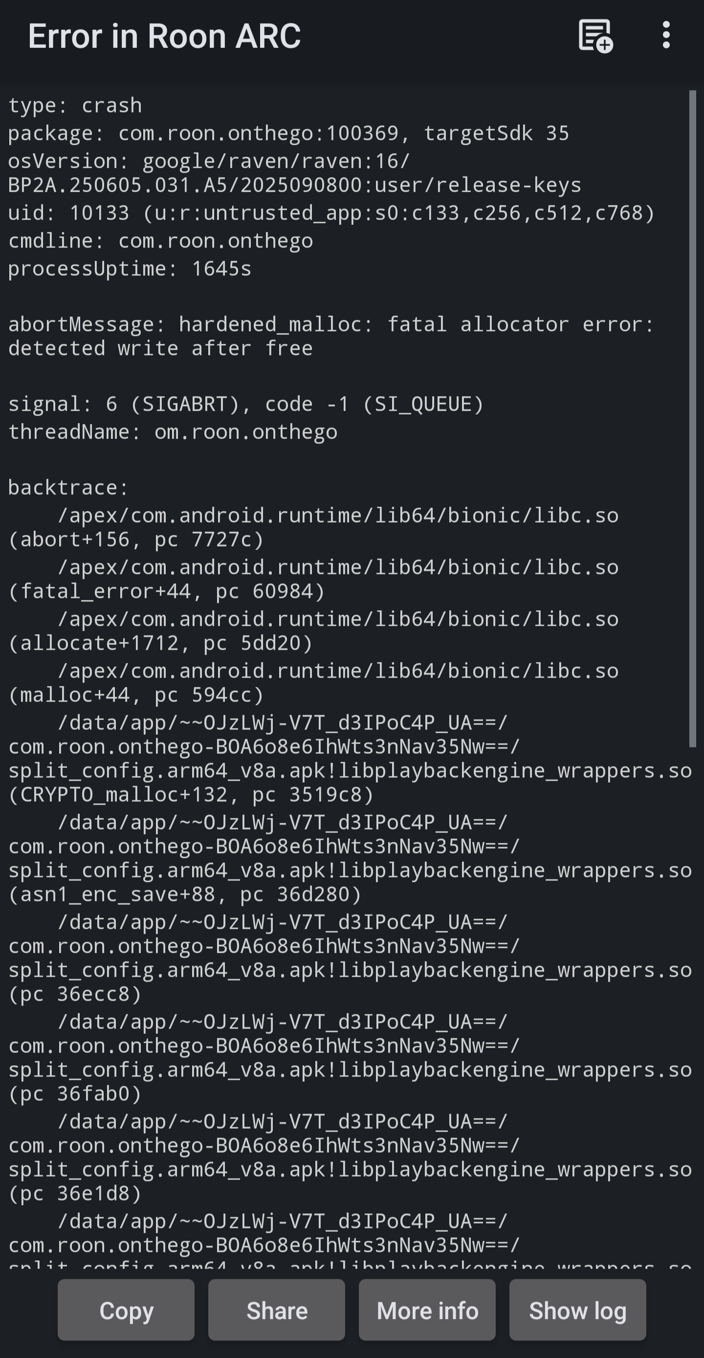 Roon ARC crashing on Pixel device with GrapheneOS due to hardened_malloc error [Roon ...